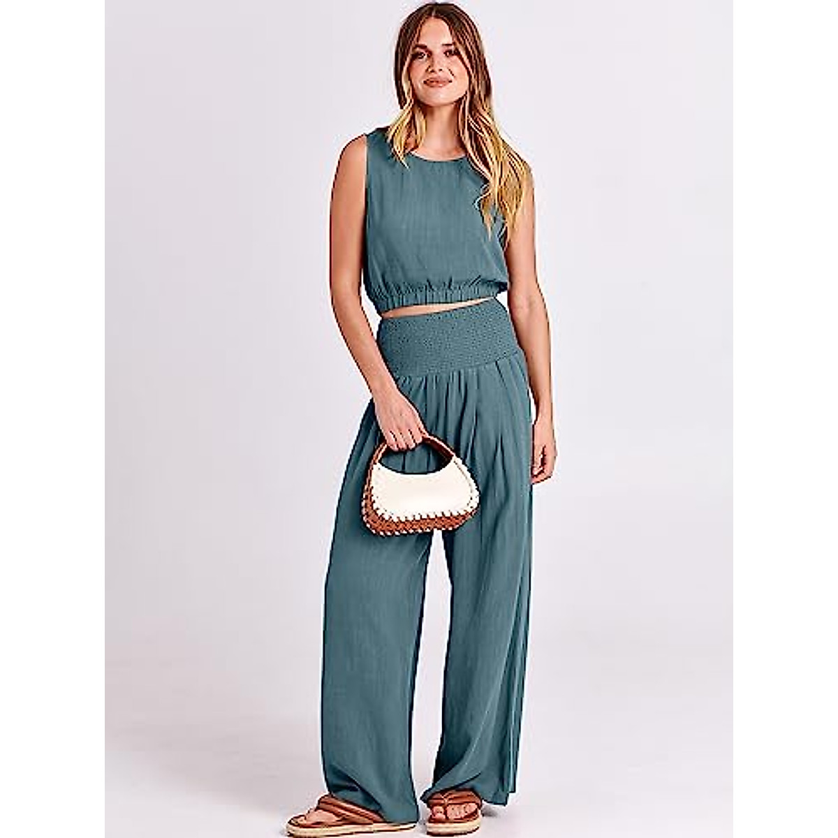 ANRABESS 2 Piece Summer Outfits for Women Casual Lounge Matching Sets Linen Crop Top Long Smocked Waistband Pants Jumpsuits Summer Vacation 2023 Fashion Clothes A1093hulv-M