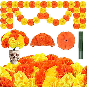 100PCS Artificial Marigold Flowers Heads Silk Orange Yellow Flower for Dia De Los Muertos Day of The Dead Diwali Home Decor Indian Theme Weddings DIY Wreath Garland Decoration