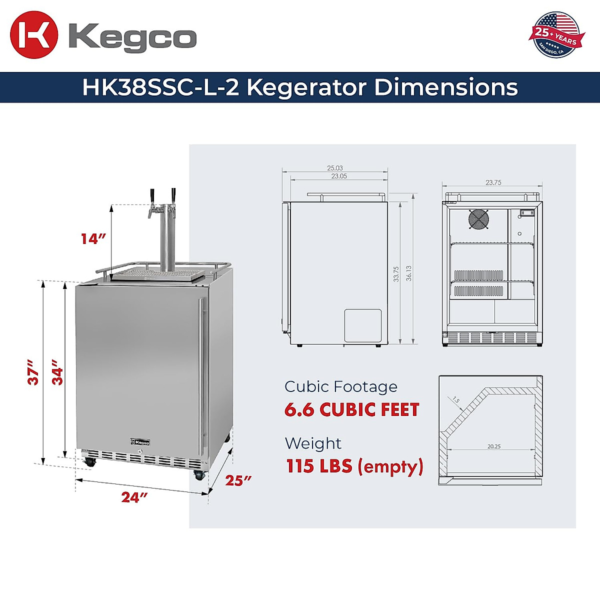 Kegco Kegerator 24" Wide Dual Tap Stainless Steel Commercial Beer Dispenser HK38SSC-L-2