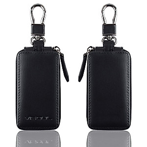 VISOUL Car Key Case, Italy Leather Car Smart Key Fob Zipper Case with Keychain and Metal Hook (A02-Black)