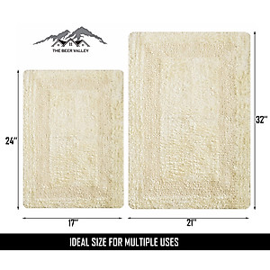 Cotton Bath Mat Rug 2 Piece Set - Light Yellow, Reversible Bathroom Rugs Soft & Absorbent Quick Dry Mats, Washable Plush Hotel Quality Tufted Mats for Shower, Bath Tub, Toilet - 21x34 & 17x24 Inches