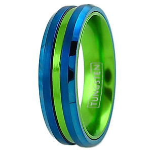 King's Cross Unique 6mm/8mm Royal Blue Tungsten Ring w/Lime Green Anodized Aluminum Inner Band & Recessed Stripe (Tungsten (6mm), 6)