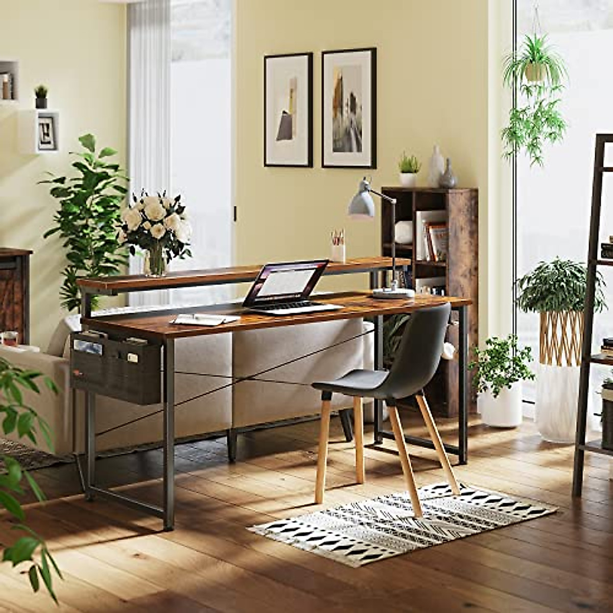 ODK Computer Desk with Adjustable Monitor Shelves, 63 inch Home Office Desk with Monitor Stand, Writing Desk, Study Workstation with 3 Heights (10cm, 13cm, 16cm), Rustic Brown