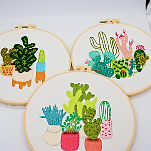 Highkick Embroidery Starter Kits for Adults Beginners with Stamped Pattern, Embroidery Floss + Needles + Hoop, Cactus Series, 3 Pack