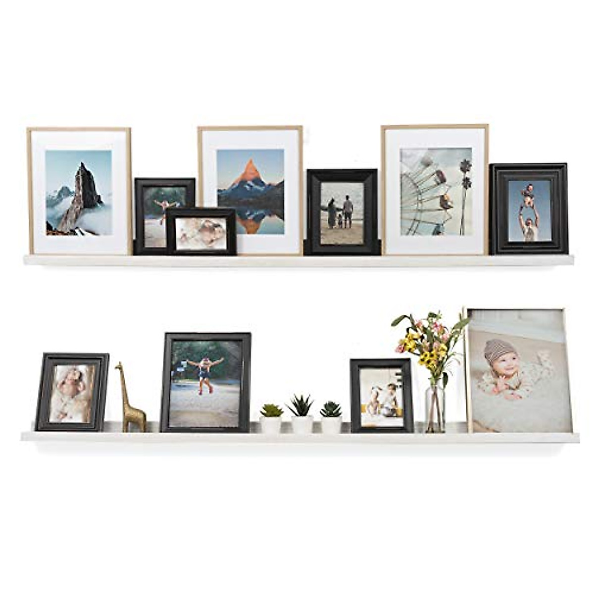 Rustic State Ted Wall Mount Extra Long Narrow Picture Ledge Photo Frame Display - 60 Inch Floating Wood Shelf for Living Room Office Kitchen Bedroom Bathroom Décor - Set of 2 - Washed White