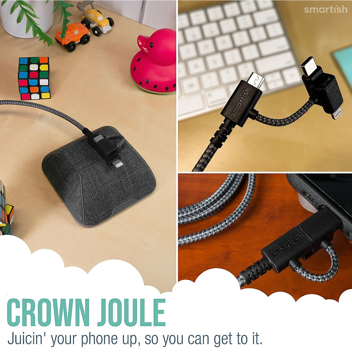 Smartish USB-C/Lightning Cable for iPhone 16/15/14 - Crown Joule - 6Foot Universal Fast Fabric Wrapped Charging Cable w/Micro-USB - Apple MFi Certified for iPhone 13/12/SE/iPad/AirPods/Android - Black