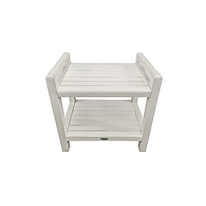EcoDecors Coastal Vogue White Wash Eleganto 20" Teak Shower Stool with LiftAid Arms and Shelf