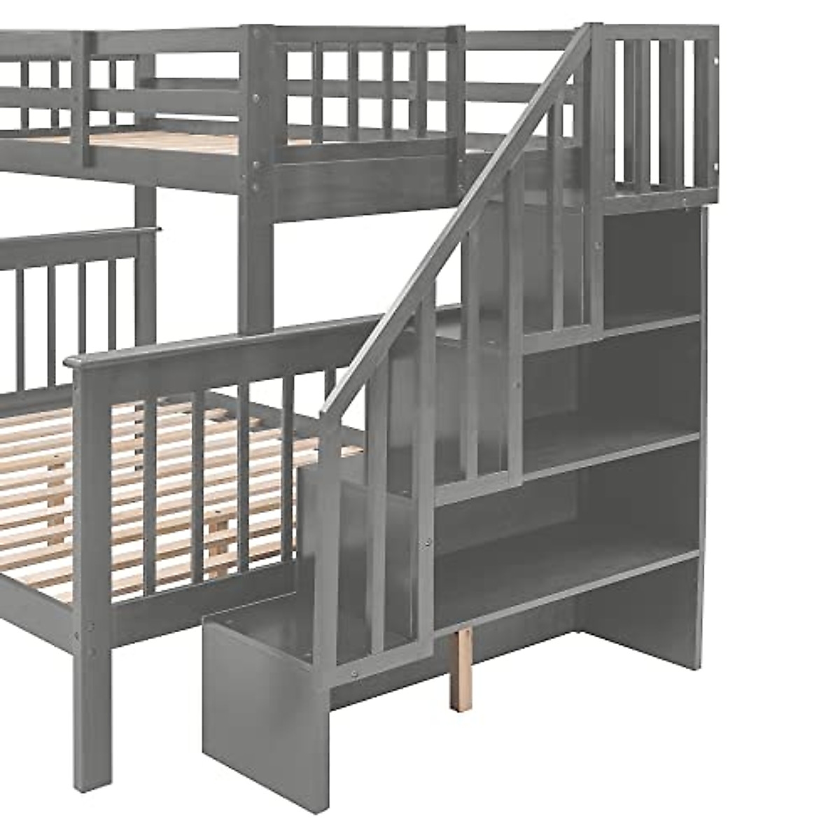 Harper & Bright Designs Twin Over Full Bunk Bed with Stairs, Solid Wood Stairway Bunk Bed Frame with Storage Drawers for Kids Teens Adults, Bedroom, Dorm (Gray)
