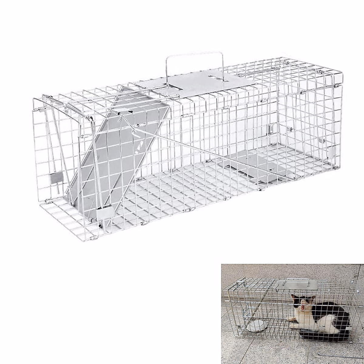Cat Trap for Stray Cat Humanitarian-aid, Foldable Catch and Release Animal Trap Large One-Door with Metal Guard Handle 24×7.5×8.3 Inch