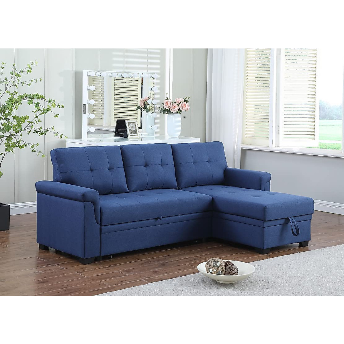 OPTOUGH L Shape Reversible Sectional Sofa Couch Pull Out Sleeper Bed with Storage Chaise for for Apartment, Living Room, Blue Linen