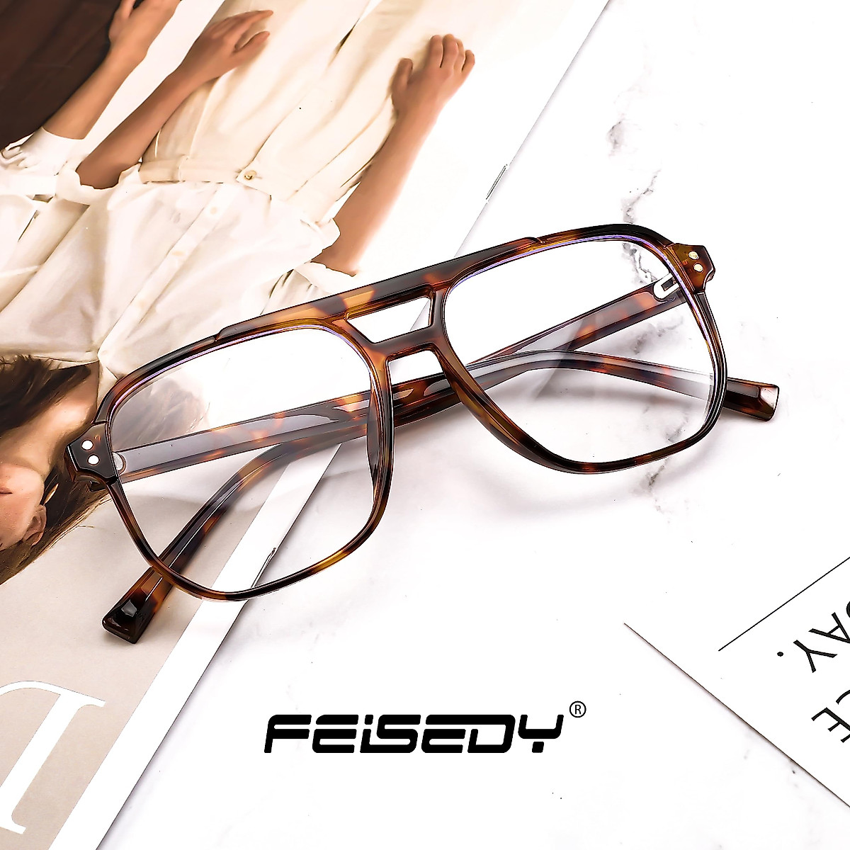 FEISEDY Blue Light Blocking Glasses Fake Nerd Clear Square Computer Lightweight Pilot Glasses Frame Oversized B2866
