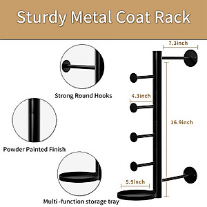 RCHYFEED Coat Rack Wall Mount, Vertical Coat Tree for Wall 16.9 Inch, Metal Modern Wall Hat Rack for Jackets, Bags, Hats, Swivel Coat Hanger with 6 Branches Key Tray for Entryway Living Room