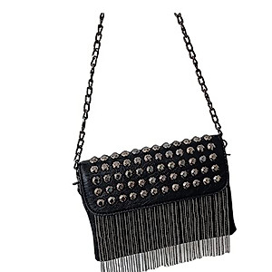 WIGUYUN Faux Leather Fringed Shoulder Handbag Rivets Flap Cross-body Bag Chain Hobo Purse Black