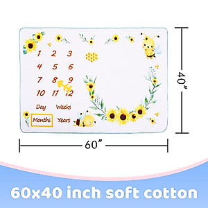CHILDREN'S GANG Baby Boy Monthly Milestone Blanket, 60"x40" Baby Girl Month Blanket, Newborn Baby Shower Photography Backdrop Blanket with Floral Wreath + Frames (Bee)