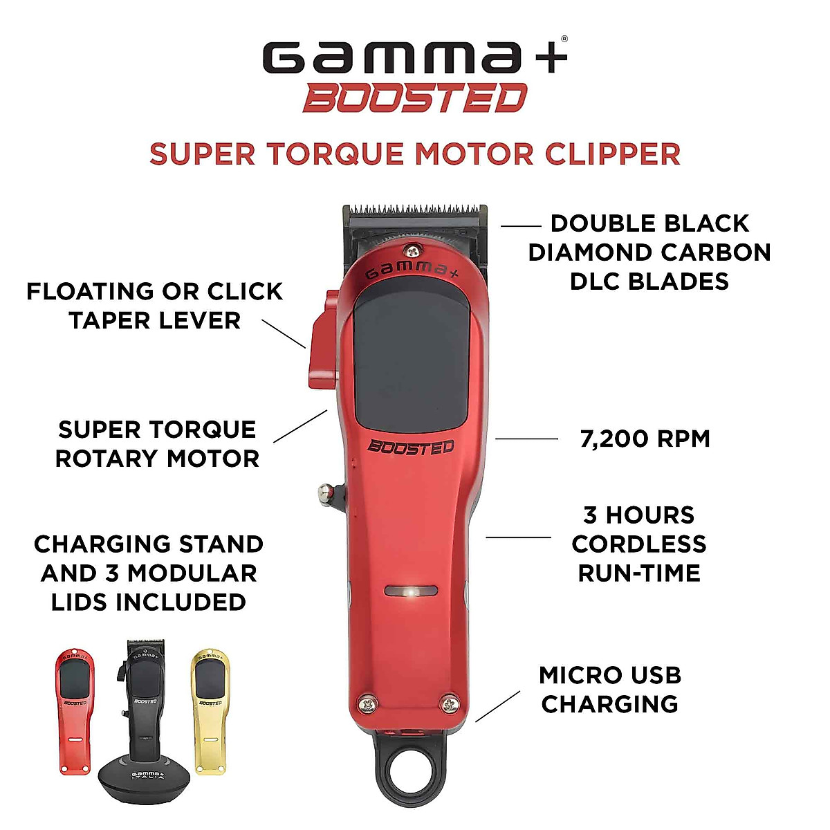 GAMMA+ Boosted Professional Modular USB-C Cordless Hair Tools with Super Torque Motor, 3 Modular Lids in Black, Red, Gold (Hair Clipper)