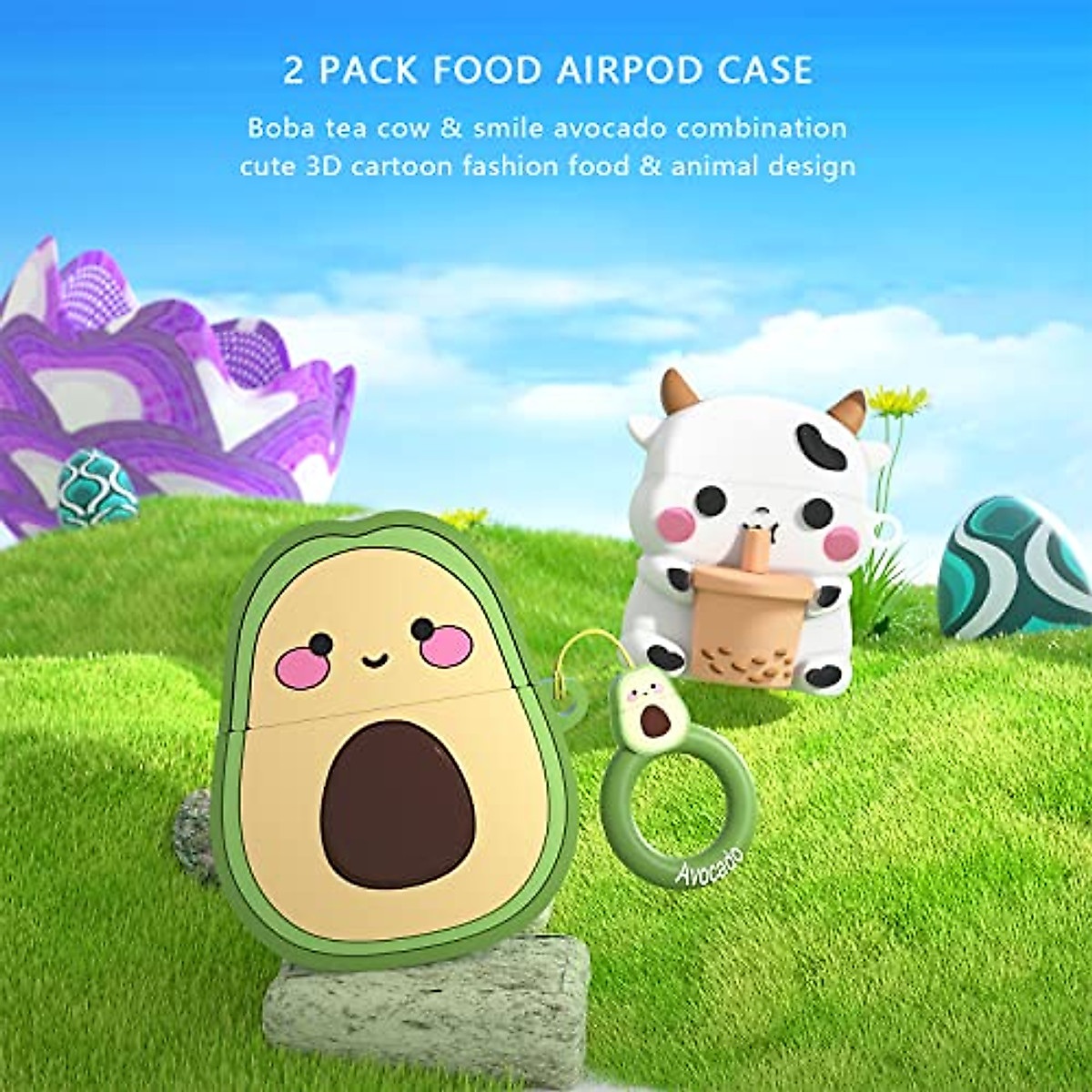 2 Pack Cute Airpod Case Cover, Boba Tea Cow & Avocado Airpods Case 3D Cartoon Funny Airpods 1&2 Case, Food Fruit Design Silicone Protective Case with keychain for Airpods 1st Generation/2nd Generation