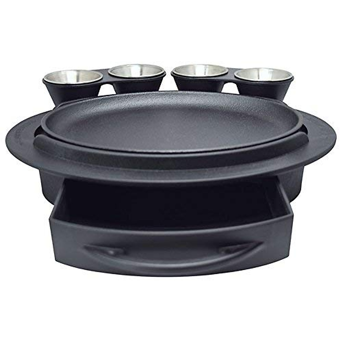 The Fajita Butler!! Patented Tortilla Drawer, repositionable Condiment Holders, high Temp Base (500 Degrees), Cast Iron Skillet & (4) Stainless Steel ramekins. Restaurant Size and Quality.