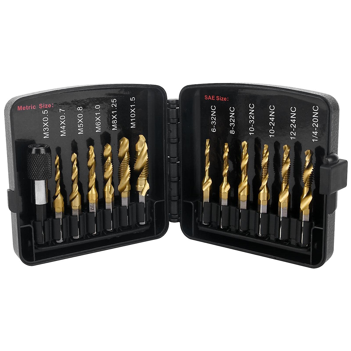 Drill Tap Bit Set, 3 in 1 Thread Tapping Drill Bit with Box, Hex Shank High Speed Steel Twist Drill Tapping Tool with Quick Change Adaptor, 13pcs