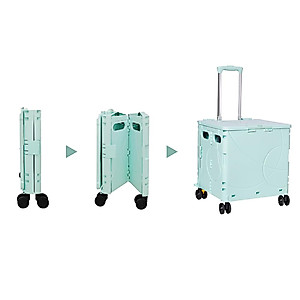 Kutatek Foldable Utility Cart, Collapsible Rolling Crate, 4 Universal Wheels with Two Brakes, Never-Lost Hinged Lid, Telescopic Handle for Home, Grocery, Office, School, Camping use (Mint, 1.8 Cu Ft)