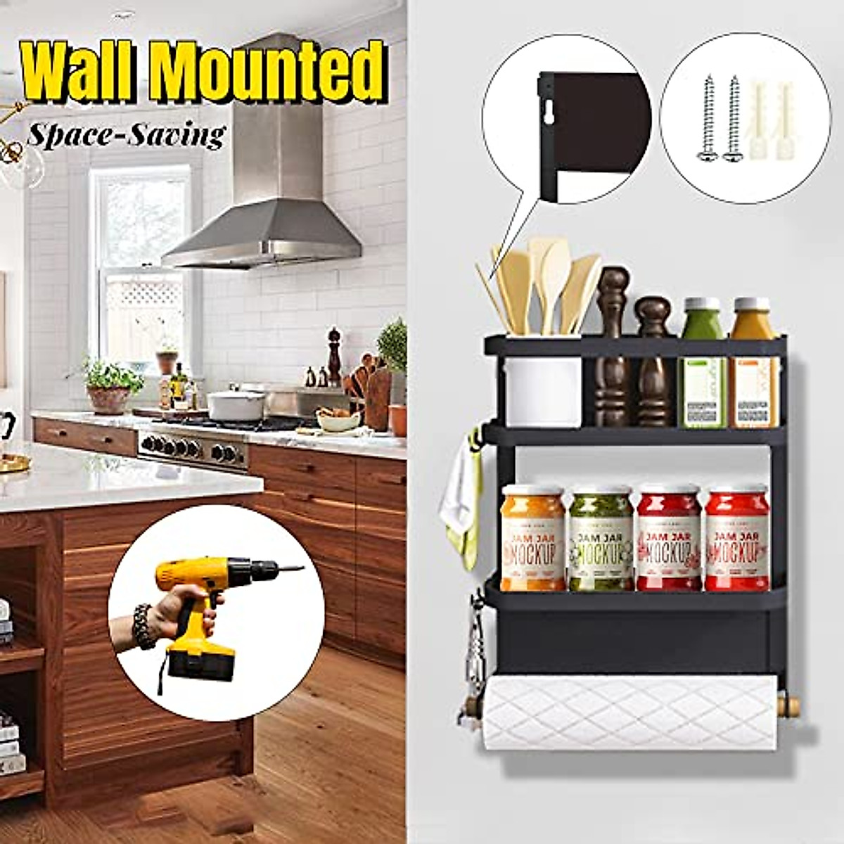 Magnetic Spice Rack,Magnetic Paper Towel Holder Super Magnetic Shelf Spice Rack Spice Organizer for Kitchen Organization and Storage Kitchen Storage Magnetic Spice Rack for Refrigerator Black