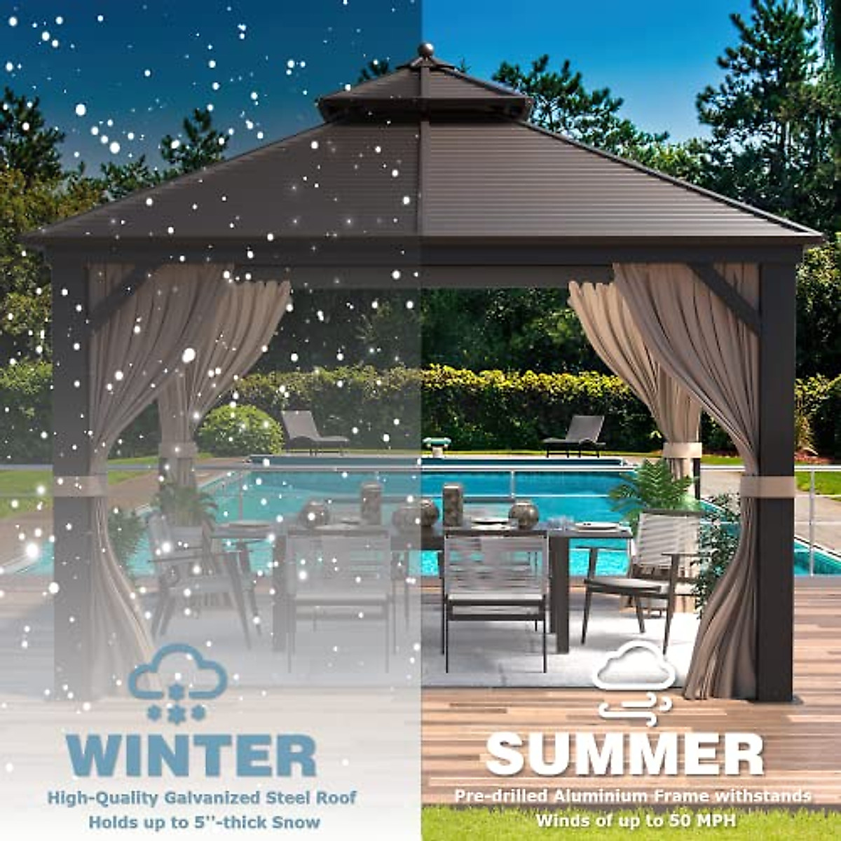 MELLCOM 12'x12' Hardtop Gazebo, Galvanized Steel Metal Double Roof Canopy Curtains and Netting, Outdoor Permanent Canopy Gazebos with Aluminum Frames for Patios, Gardens, Lawns