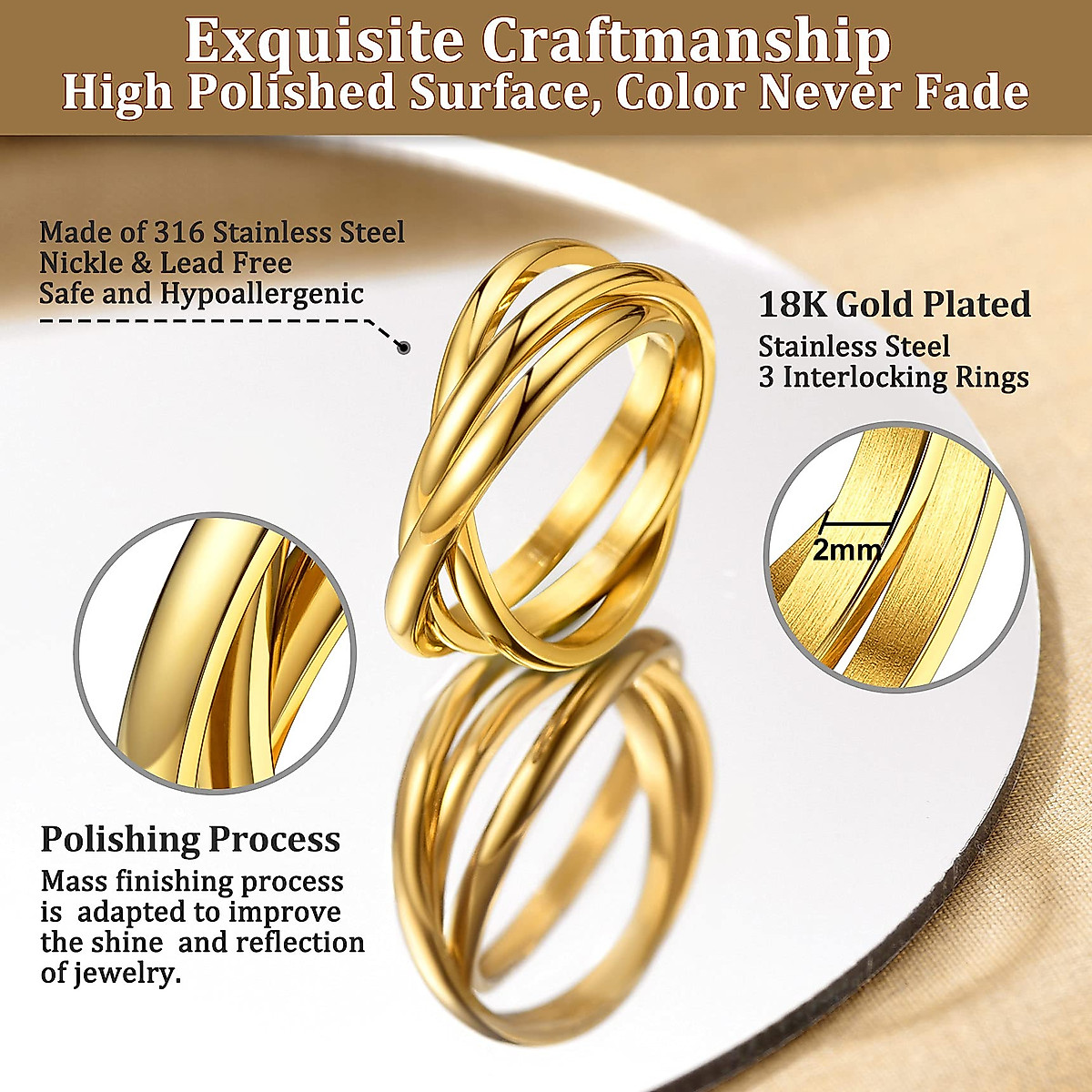 Bestyle Interlocking Rolling Gold Band Rings for Women, Trendy High Polished 18K Gold Plated Stainless Steel Dome Cross Rings, Yellow Gold Rolling Fidget Rings for Anxiety Release, Size 8