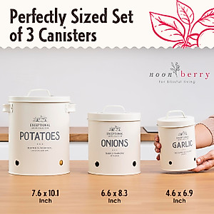 noonberry Potato, Onion & Garlic Storage Bin Set, 3 Metal Kitchen Containers with Ventilation Holes, Matte Alabaster White, Vintage Farmhouse Canisters