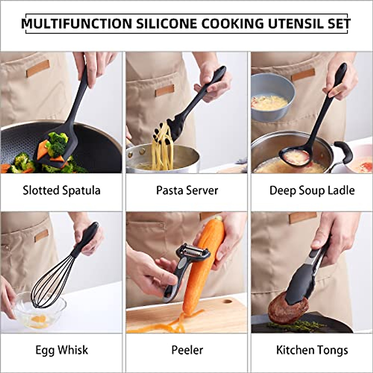 Kitchen Utensils Set, 7 Pieces Silicone Cooking Utensils Set+5-Pieces Stainless Steel Knife Set+6-Pieces Kitchen gadgets(18-in-1)