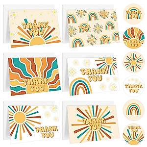 JarThenaAMCS 30 Packs Boho Sun Thank You Cards Groovy Retro Sunshine Greeting Cards with Envelopes and Stickers Here Comes the Son Blank Note Cards for Baby Shower Birthday Party Supplies