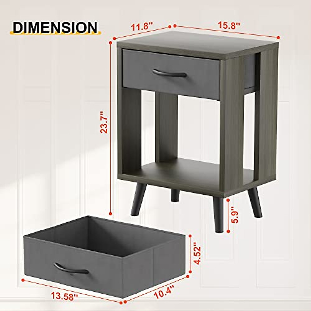 GYIIYUO Nightstand Set of 2 with Fabric Drawers and Open Shelves - Gray Bedroom Side Tables