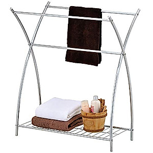 MyGift Stainless Steel Metal Laundry Room Clothing Drying Rack, Freestanding Bathroom Towel Bar Hanging Stand with Storage Shelf