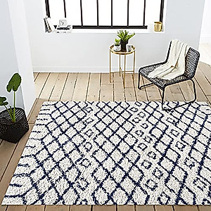 JONATHAN Y SHG104B-8 Sineu Moroccan Diamond Shag Indoor Area-Rug Bohemian Contemporary Modern Geometric Easy-Cleaning High Traffic Bedroom Kitchen Living Room Non Shedding, 8 X 10, Beige/Navy