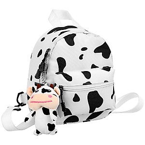 TENDYCOCO Cow Backpack with Plush Cow Pendant Canvas Cow Print Backpack Cow Print stuff Cow Gifts for Women Mini Backpack for Women
