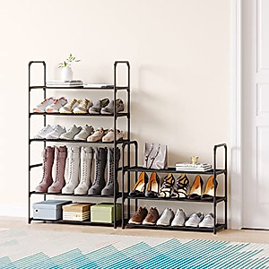 SHELAKET 3-Tiers Stackable Shoe Rack, Expandable & Adjustable Waterproof Fabric Shoe Shelf Storage Organizer For Closet Bedroom Entryway (Black)