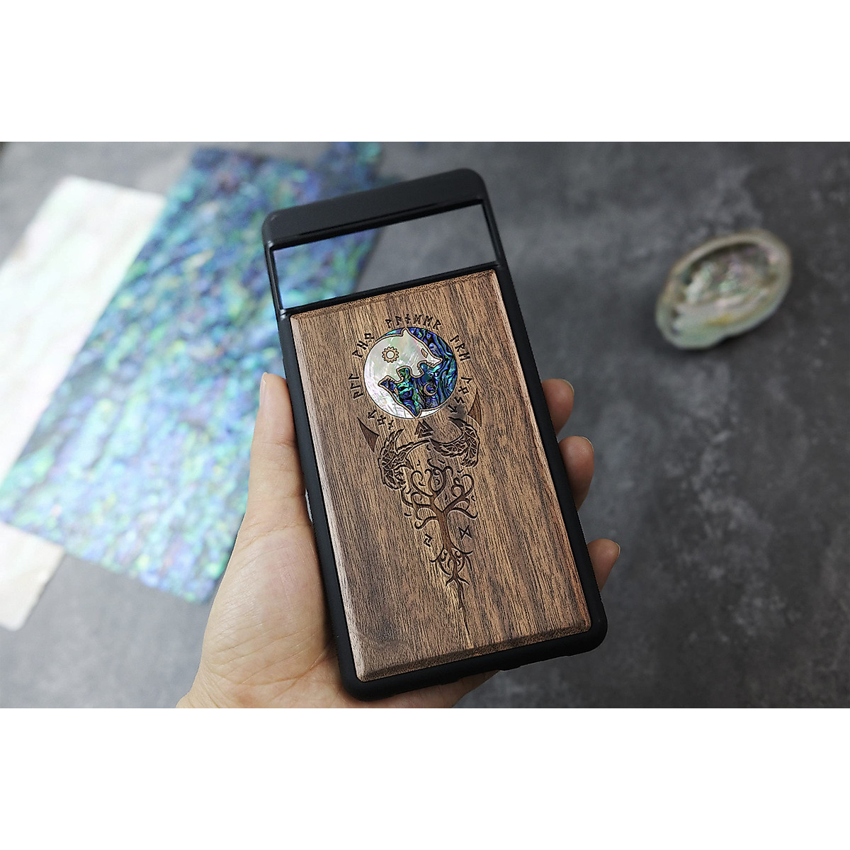 Carveit Hand-inlaid Wooden Case for Google Pixel 7 Pro, (Yinyang Wolf Engraved on Walnut) Compatible with QI Wireless Charging