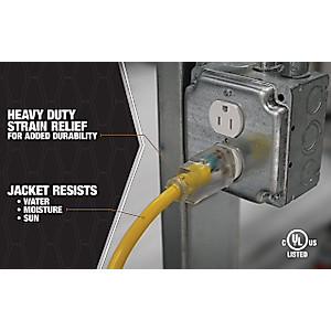 Southwire 2588SW0002 Outdoor Cord-12/3 SJTW Heavy Duty 3 Prong Extension Cord-for Commercial Use (50', Yellow), 50 Feet