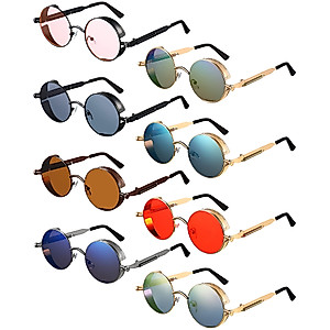 8 Pcs Retro Steampunk Sunglasses Vintage Gothic Round Sunglasses Hippy Glasses Circle Metal Frame Glasses for Men Women (Fresh Colors)