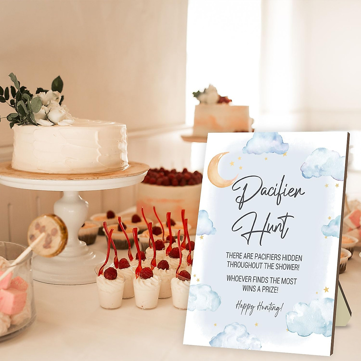 ALodr Pacifier Hunt Game - Baby Shower Games，Glitter Moon and Twinkle Stars Theme, Baby Shower Decoration, Party Favors for Baby Showers Game Cards - 5 x 7 inch