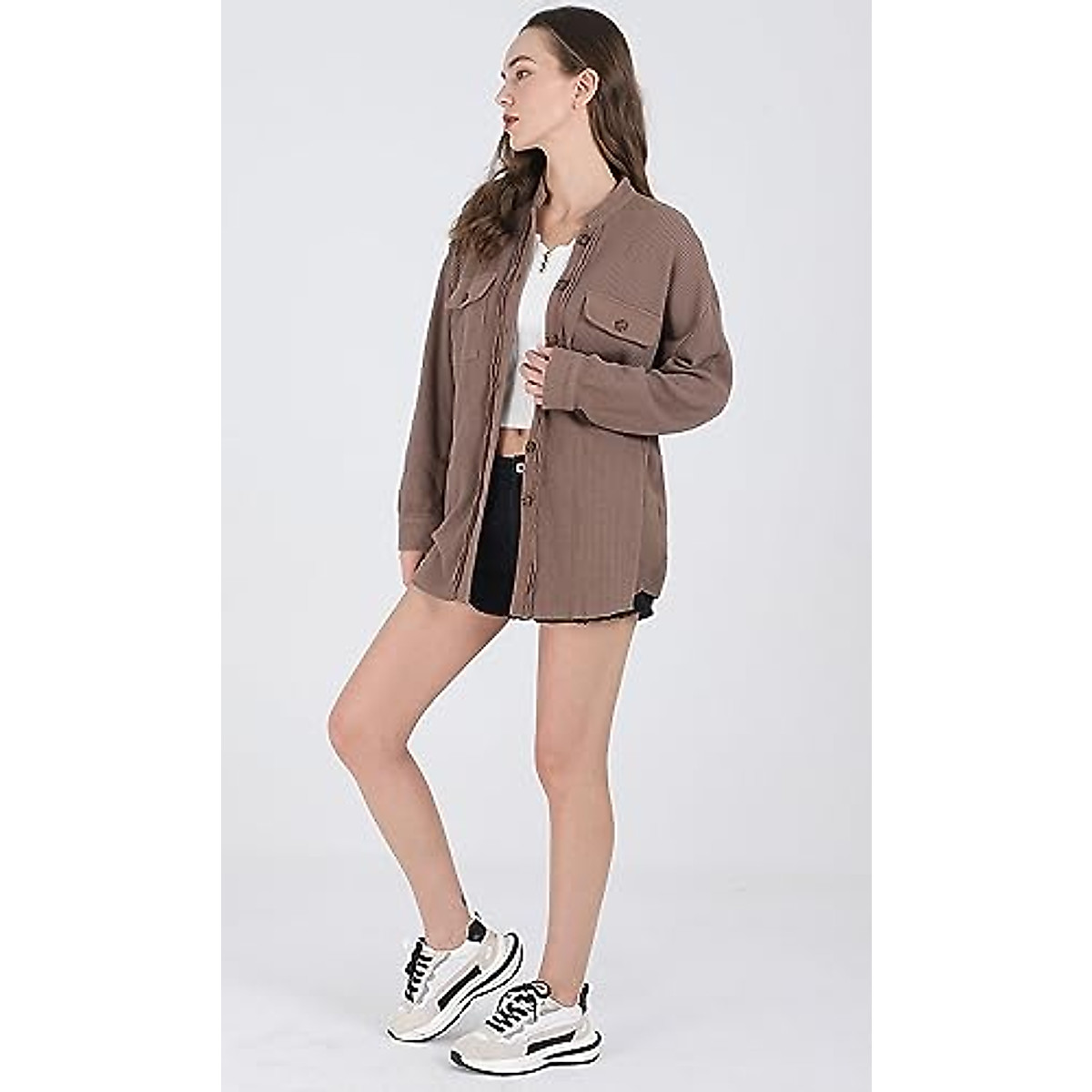 chouyatou Women's Loose Fit Batwing Sleeve Waffle Knit Button Down Shirt Shacket Tops (Large, Coffee)