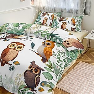 GDSCCLGX Modern Cartoon Forest Owl Duvet Cover Set Twin Size,Watercolor Room Decor Cute Anime Owl Bedding Sets 3 Pieces(1 Duvet Cover+2 Pillowcases)