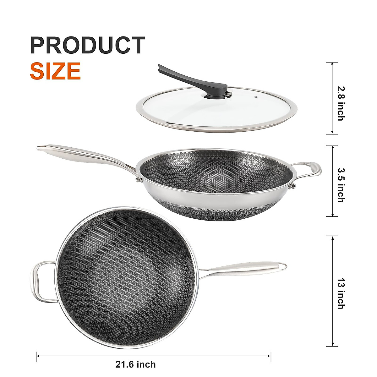 Vegoran 13 inch Wok Pan,Stainless Steel Stir-fry Wok, Non Stick Honeycomb Skillet with Stay Cool Handle- Suitable for Induction, Ceramic, Electric, and Gas Cooktops (13" Honeycomb Wok Pan with Lid)