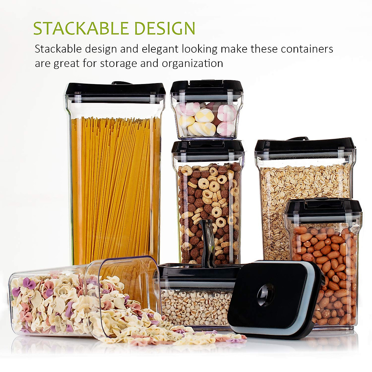 Airtight Food Storage Containers, Vtopmart 7 Pieces BPA Free Upgraded Plastic Canisters with Improved Durable Lids - for Kitchen Pantry Organization and Storage - Include 24 Labels,Matt black