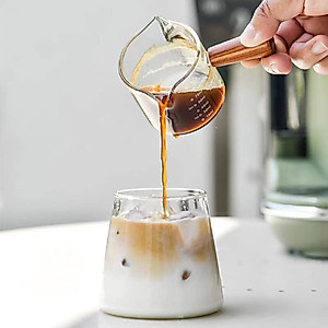 2 Pack Double Spout Espresso Coffee Shot Glass with Wood Handle Measuring Triple Pitcher Milk Cup 75 ml Coffee Replacement Carafe for Barista Coffee Carafe Milk Espresso Making