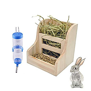 Rabbit Hay Feeder Rack,Wooden Grass Bin,Food Feeding Rack,Bunny Water Bottles Dispenser for Small Animal Supplies Rabbit Chinchillas Guinea Pig (2 Pcs)