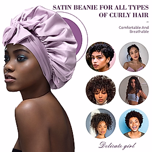 Satin Hair Bonnet Wide Band - Silk Like Sleeping Bonnets for Curly Hair Hair Wrap for Night Cap with Tie Band Breathable Satin Bonnet for Women and Girls (Purple)