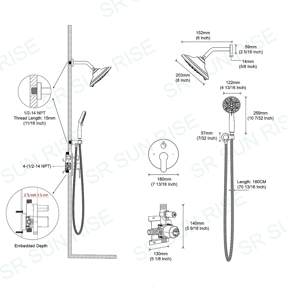 SR SUN RISE Black Shower Faucet - 3 Functions High Pressure 8 Inch Rain Shower Head System- 8 Settings Handheld Shower Head Fixtures- Valve Included - Matte Black
