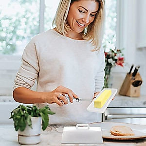 Ceramic Butter Dish Set with Lid and Knife - [White]- Decorative Butter Stick Holder with Handle for 1 Stick of Butter - Microwave Safe, Dishwasher Safe - Anti-Scratch Stickers Included