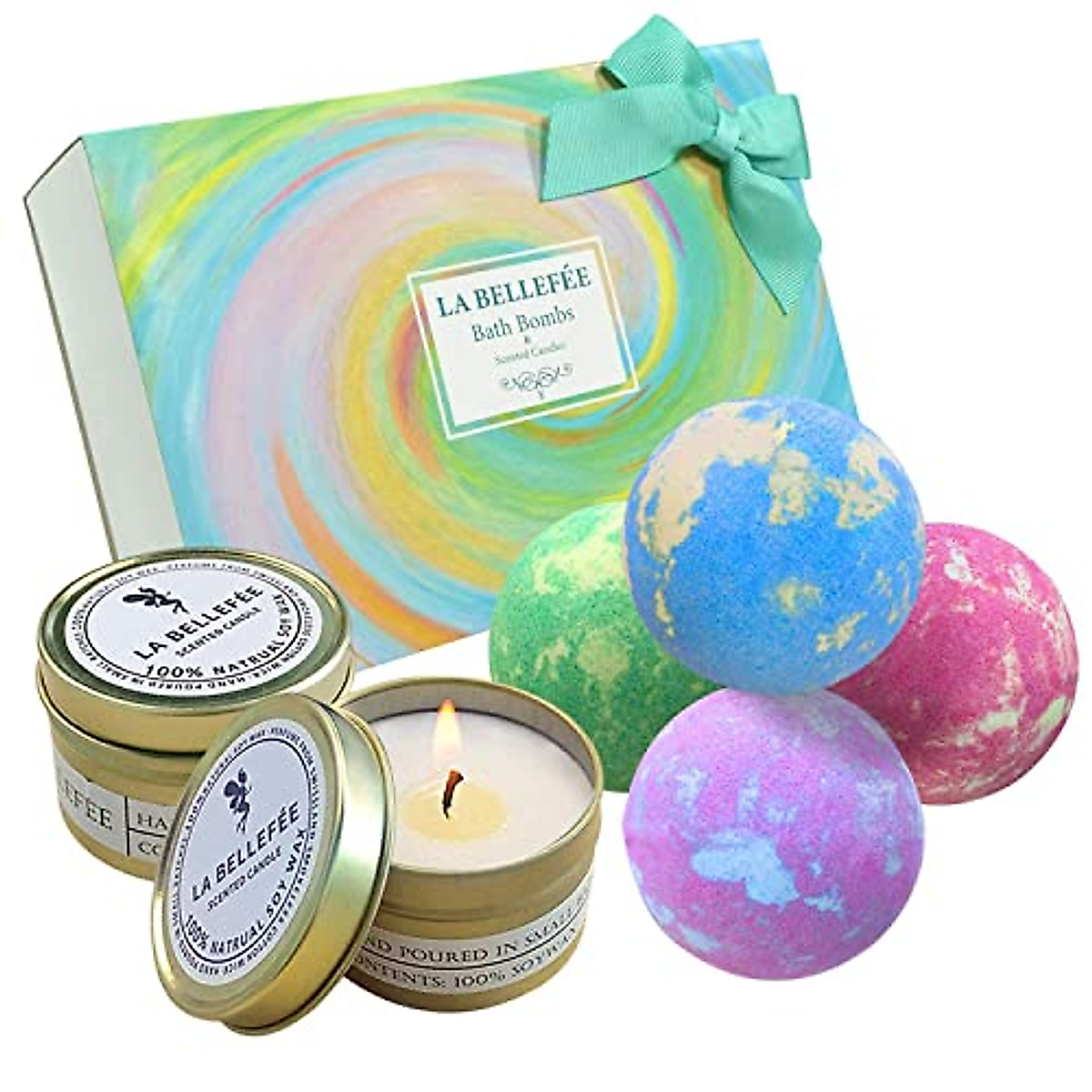 LA BELLEFÉE Bath Bombs & Scented Candles Set, Large Jar Aromatherapy Candles for Home Scented(4 Bathbombs + 3 Candles)