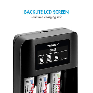 Tenergy TN474U 4-Bay NiMH/NiCD Battery Charger with LCD Display and USB Input, Portable Charger for AA/AAA NiMH and NiCD Batteries