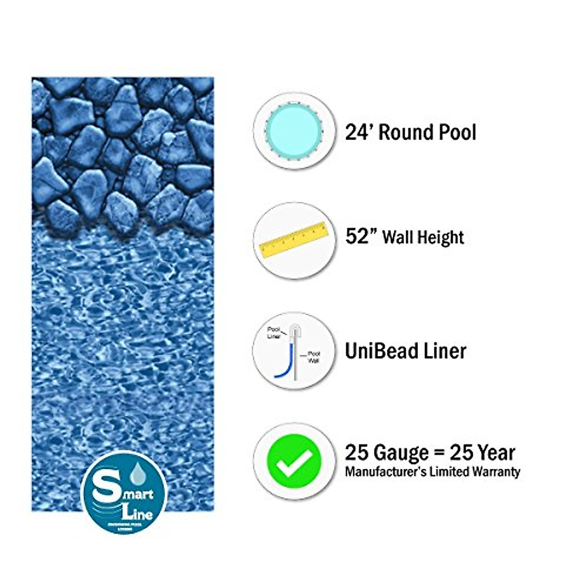 Smartline Boulder Swirl 24-Foot Round Pool Liner | UniBead Style | 52-Inch Wall Height | 25 Gauge Virgin Vinyl | Designed for Steel Sided Above-Ground Swimming Pools | Universal Gasket Kit Included